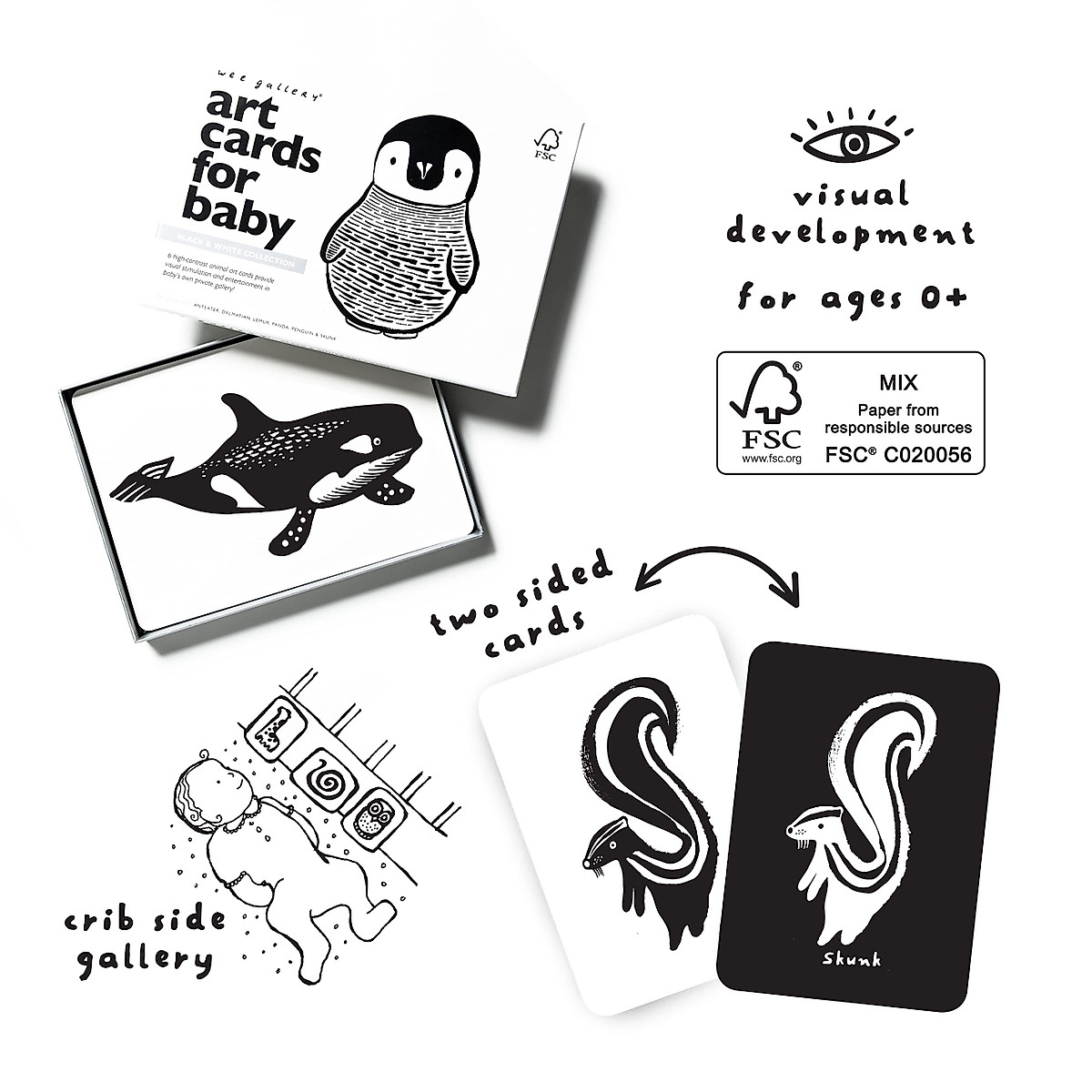 Wee Gallery Black and White Art Flash Cards for Babies, High Contrast Educational Animal Picture Cards, Baby Visual Stimulation, Brain and Memory Development in Infants and Toddlers - B&W Animals