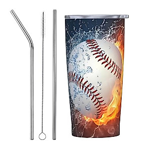 IYERSKD 3D Print Baseball White Ball in Fire and Water 20 oz Stainless Steel Tumbler Vacuum Insulated Leakproof Travel Mug for Car Office Gym