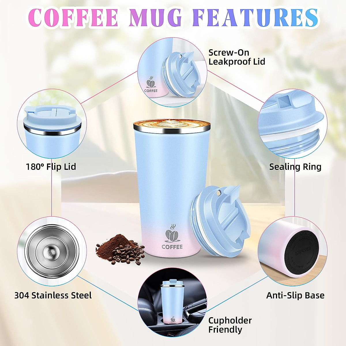 17oz Insulated Travel Coffee Mug with Flip Lid – Leakproof Stainless Steel Insulated Coffee Tumblers, Portable Thermos Cup for Hot & Cold Drinks, Perfect for Camping & On-the-Go
