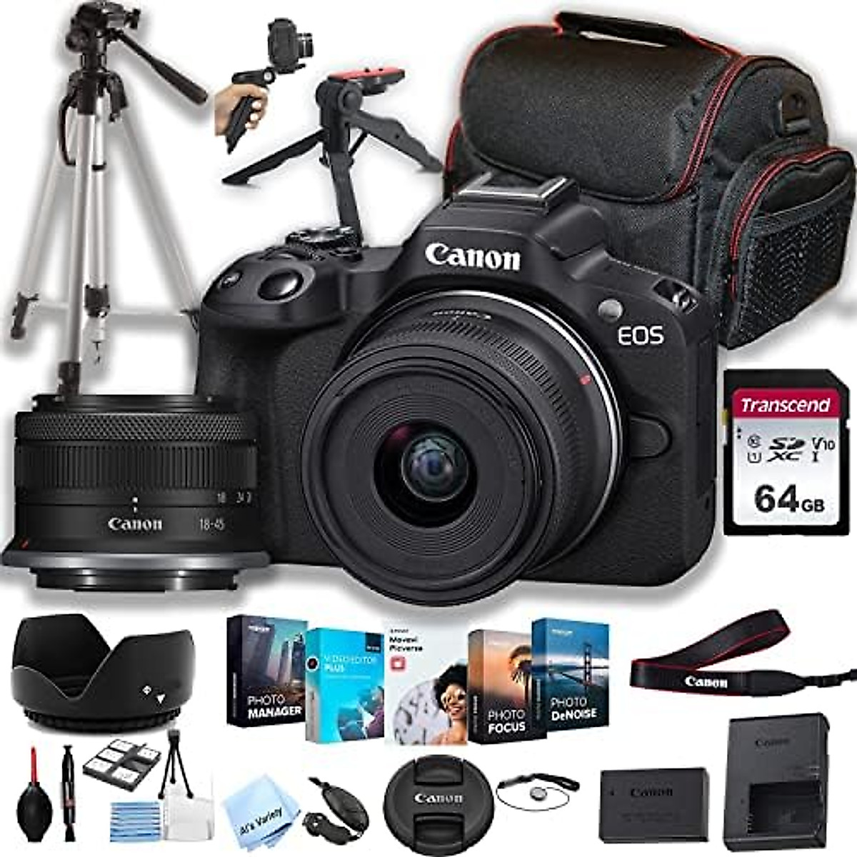 Canon EOS R50 Mirrorless Digital Camera with RF-S 18-45mm f/4.5-6.3 is STM Lens + 64GB Memory + Case+ Steady Grip Pod + Tripod+ Software Pack + More (30pc Bundle)