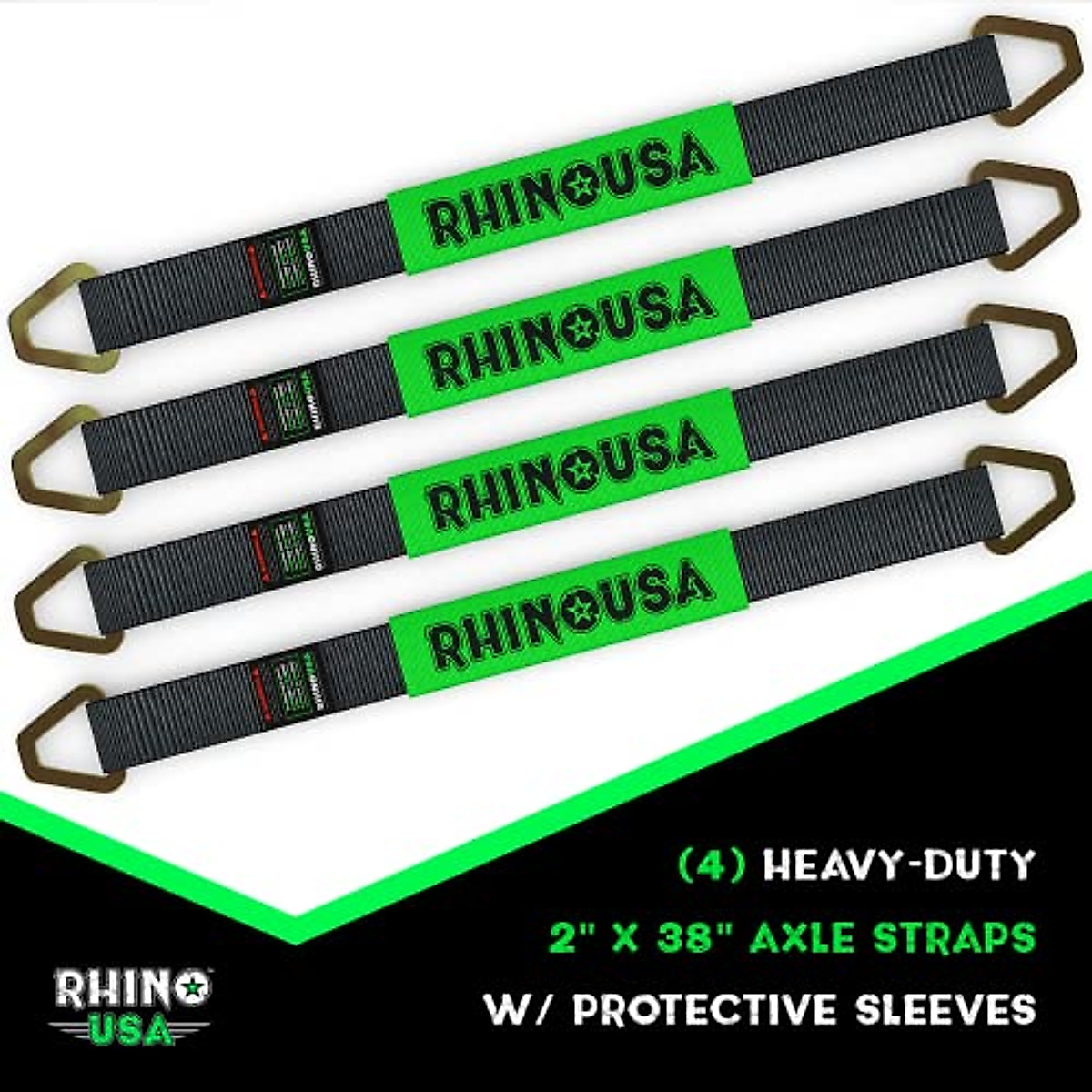 Rhino USA Axle Tie Down Straps - Lab Tested 11,128lb. Break Strength - Heavy Duty Protective Sleeves & D Rings to Ensure Peace of Mind - Used for Car Engine Hoist, Truck, Trailer, UTV (4-Pack Set)