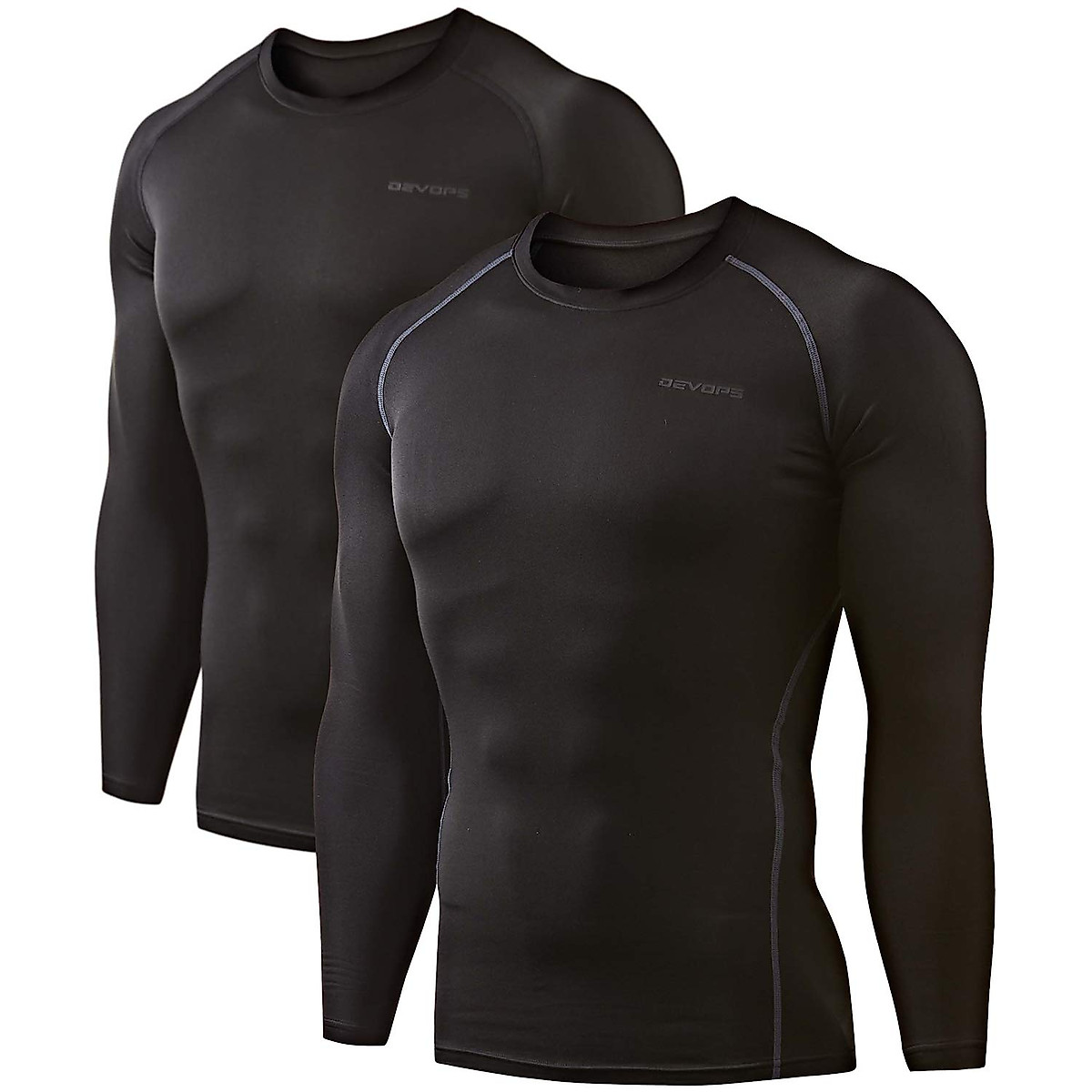 DEVOPS 2 Pack Men's Thermal Long Sleeve Compression Shirts (Large, Black/Black)