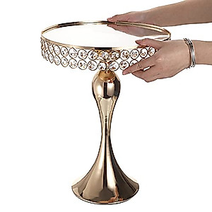 BSTKEY 12 Inch Wedding Metal Cake Display Stand with Mirror Top Plate, Gold Cupcake Stand with Crystal Beads Decor Pedestal, Dessert Stand for Parties Birthday Baking Party Supplies Centerpiece, Round