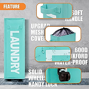 Caroeas 22" Rolling Slim Laundry Basket with Stand Foldable Waterproof Hamper and Organizer on Wheels Tall Thin Dirty Laundry Hamper Baskets Home Corner Bag Light Blue