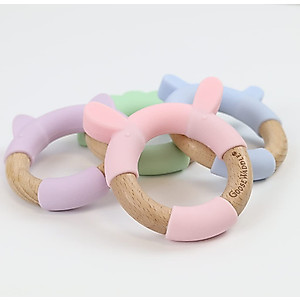 GooseWaddle Luxury Wood Baby Teether, Natural Long Lasting Silicone Teething Toys for Infants Age 4+ Months, Relieve Baby Pain and Sore Gums, BPA Free and Chemical Free (Pink Rabbit)