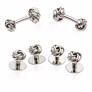 Classic Silver Knot Cufflinks & Studs Set Tuxedo Shirt Formal Set for Wedding Groomsmen Groom with Travel Presentation Gift Box