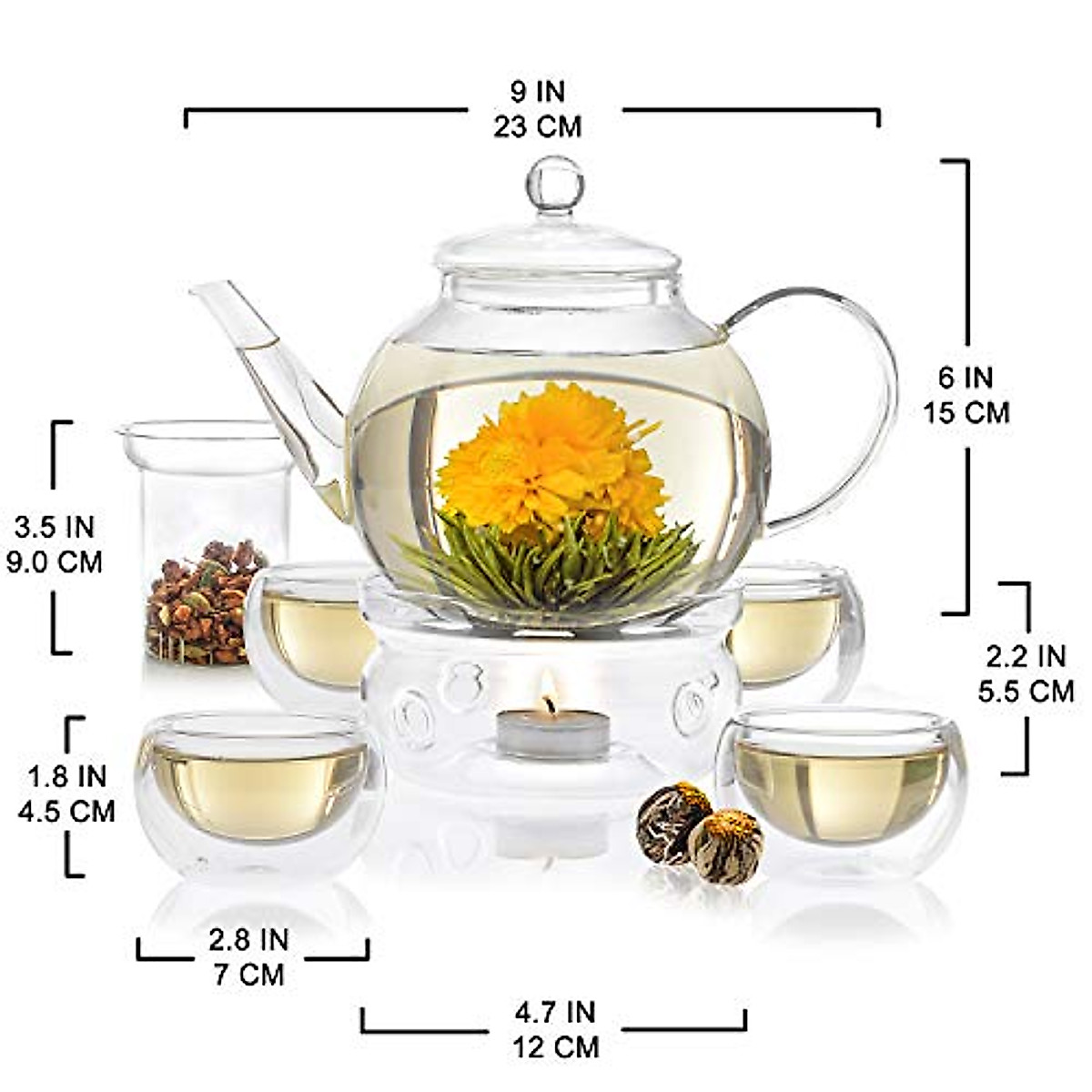 Teabloom Complete Tea Set – Teapot (40 OZ), Loose Tea Infuser, 4 Insulated Glass Teacups, Tea Warmer, and 12 Flowering Teas – Elegant Blooming Tea Gift Set