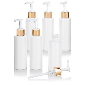 JUVITUS 4 oz / 120 ml White Plastic HDPE Refillable Cylinder Squeeze Bottle with Gold Lotion Pump (6 Pack)