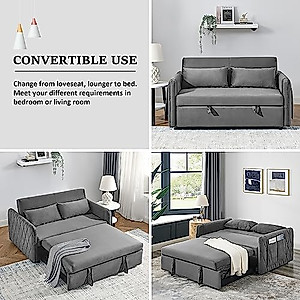 Ucloveria Sleeper Sofa Bed, Pull Out Couch Bed with 2 Detachable Arm Pockets, Adjustable Velvet Loveseat Futon Sofa Couch for Living Room Bedroom, 55" 2-Seater Lounge Sofa, Grey