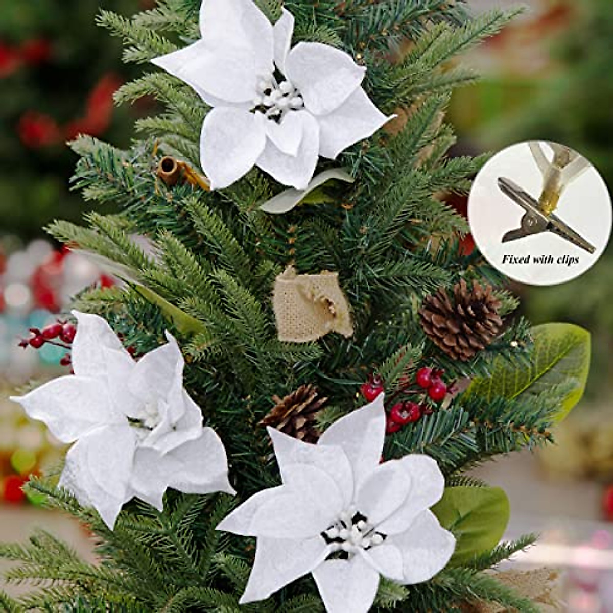 MOONET 12 Pcs Christmas Tree Decor Flowers Artificial Flannel Fabric Flowers with Clips Ornaments for Christmas Party Wedding, 6.69 inch (White)