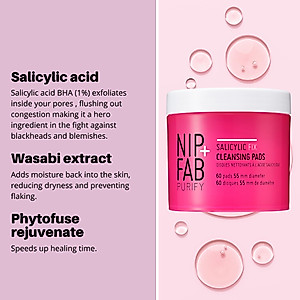 Nip + Fab Salicyclic Fix Night Pads for Face with Hyaluronic Acid, Exfoliating Facial Pad BHA Exfoliant for Skin Hydration Acne Breakouts and Blemishes, 60 Pads, 2.7 Ounce