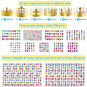 SIQUK 24 Pieces Golden Paper Crowns Gold Party Crowns Princess Prince Crown Hats King Crowns with 980 Pieces Gem Jewels Alphabet Number Letter Stickers for Party and Celebration