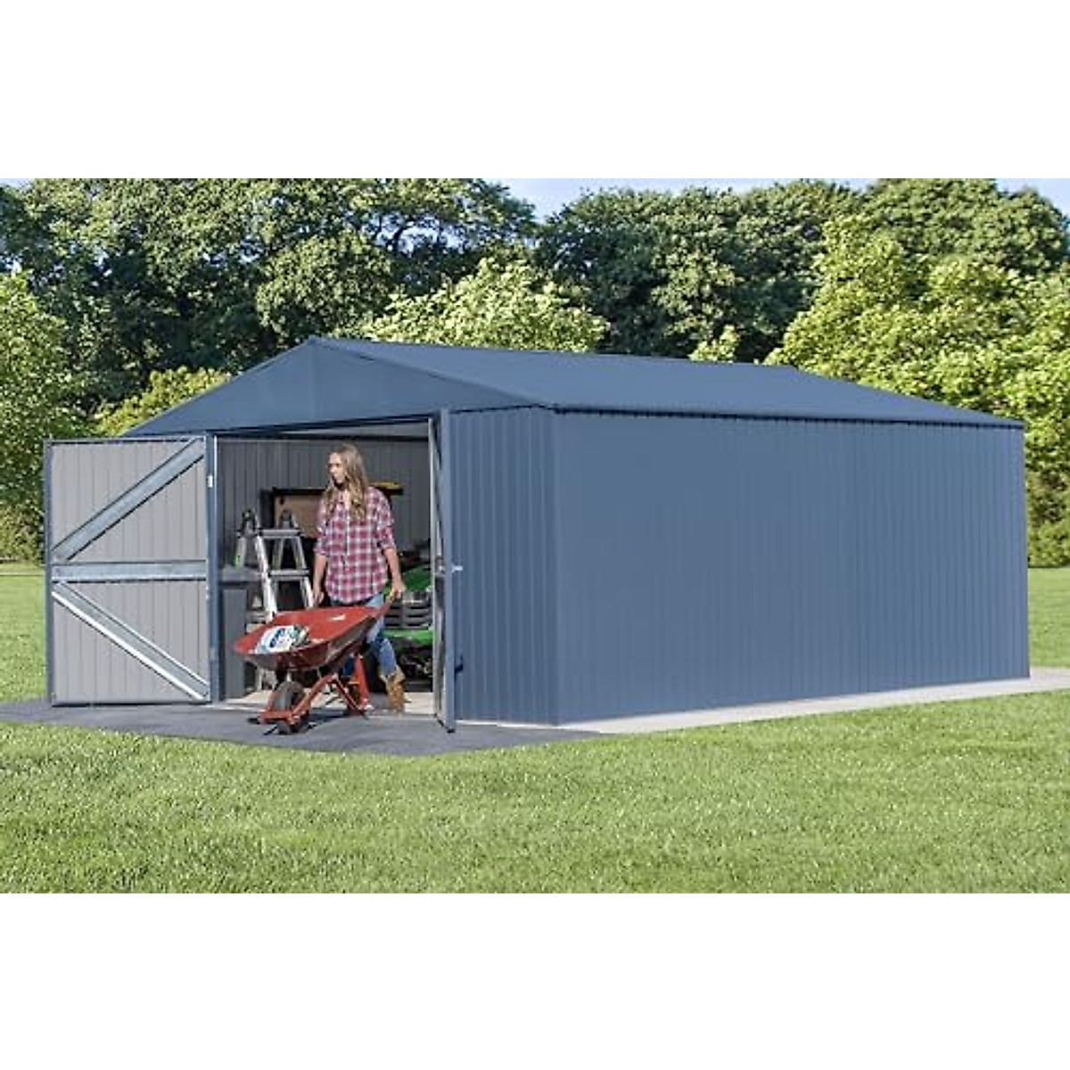 Arrow Shed Elite 14' x 16' Outdoor Lockable Gable Roof Steel Storage Shed Building, Blue Grey