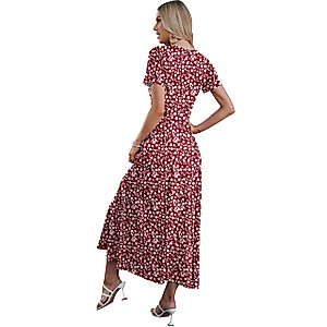 AUSELILY Maxi Dresses for Women Ankle Length Floral Print Beach Long Flowy Dress with Pockets Red Flowers M