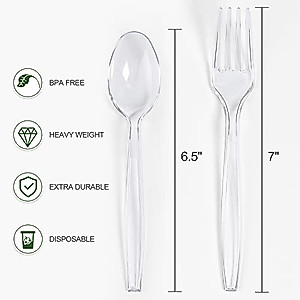 [200 Count] Heavy Duty Plastic Forks and Spoons Set - Disposable Spoons and Forks, 100 Plastic Forks and 100 Plastic Spoons for Party - Clear