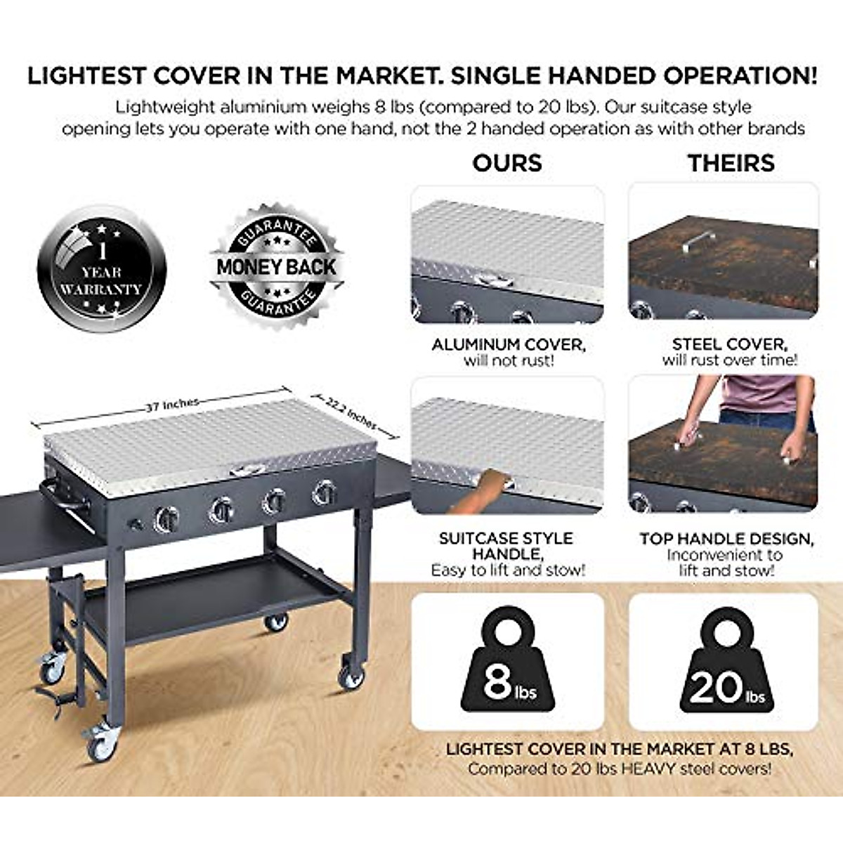 flybold Griddle Cover 36" Works for Blackstone Waterproof Diamond Plated Lightweight Aluminum Hard Top Lid with Stainless Steel Handle for Outdoor BBQ Hood Blackstone Griddle Accessories