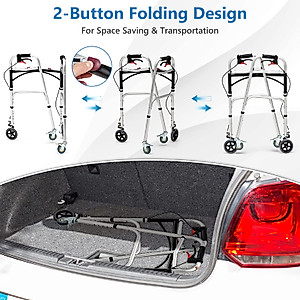 GYMAX Walkers for Seniors, 2-Button Folding Walker with 5” Lockable Wheels, Padded Seat & Trigger Release, 350lbs Height Adjustable Standard Walker, Foldable Rolling Adult Walker