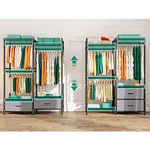 REIBII Garment Rack Clothing Rack for Hanging Clothes 150+ Load 650lbs Freestanding Wardrobe Closet with 2 Drawers, 3 Hanging Rods Clothes Rack for Extra Closet Space, 15.9" D x 46.5" W x 70.9" H