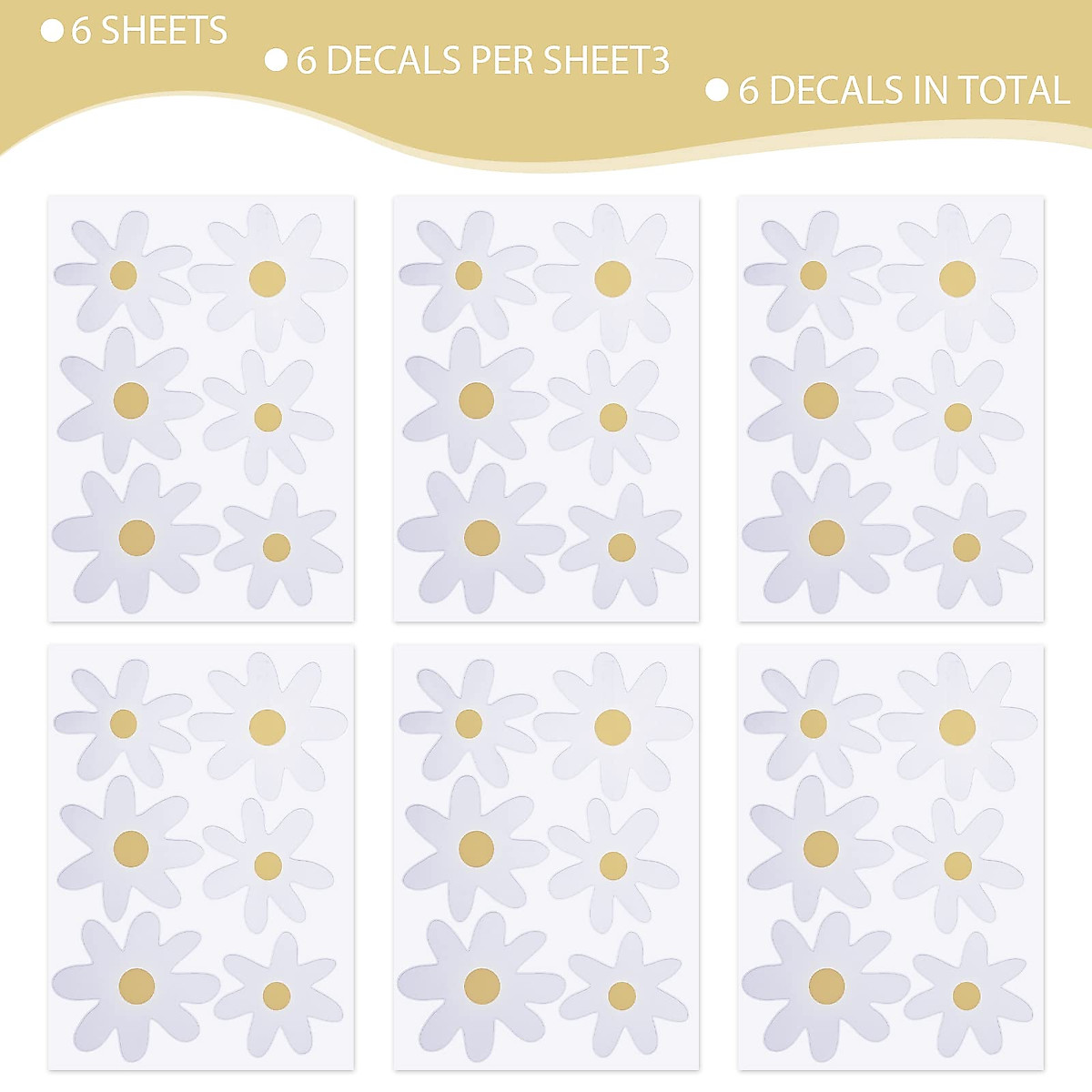 36PCS Daisy Wall Decal White Daisy Decals Flower Wall Decals Peel and Stick Retro White Daisy Flower Wall Stickers Vinyl Wall Floral Decals for Kids Nursery Bedroom Classroom Office Decor 6 Sheet