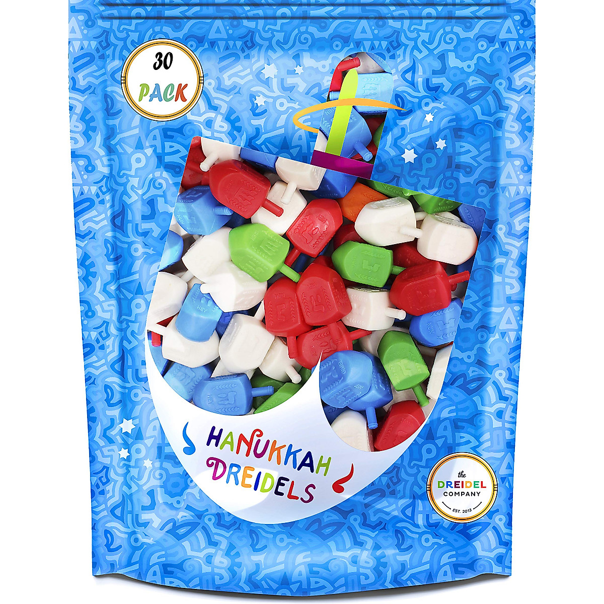 The Dreidel Company Hanukkah Dreidels Multicolor Plastic Chanuka Dreidels with English Transliteration - Includes Dreidel Game Instruction Cards (30-Pack)