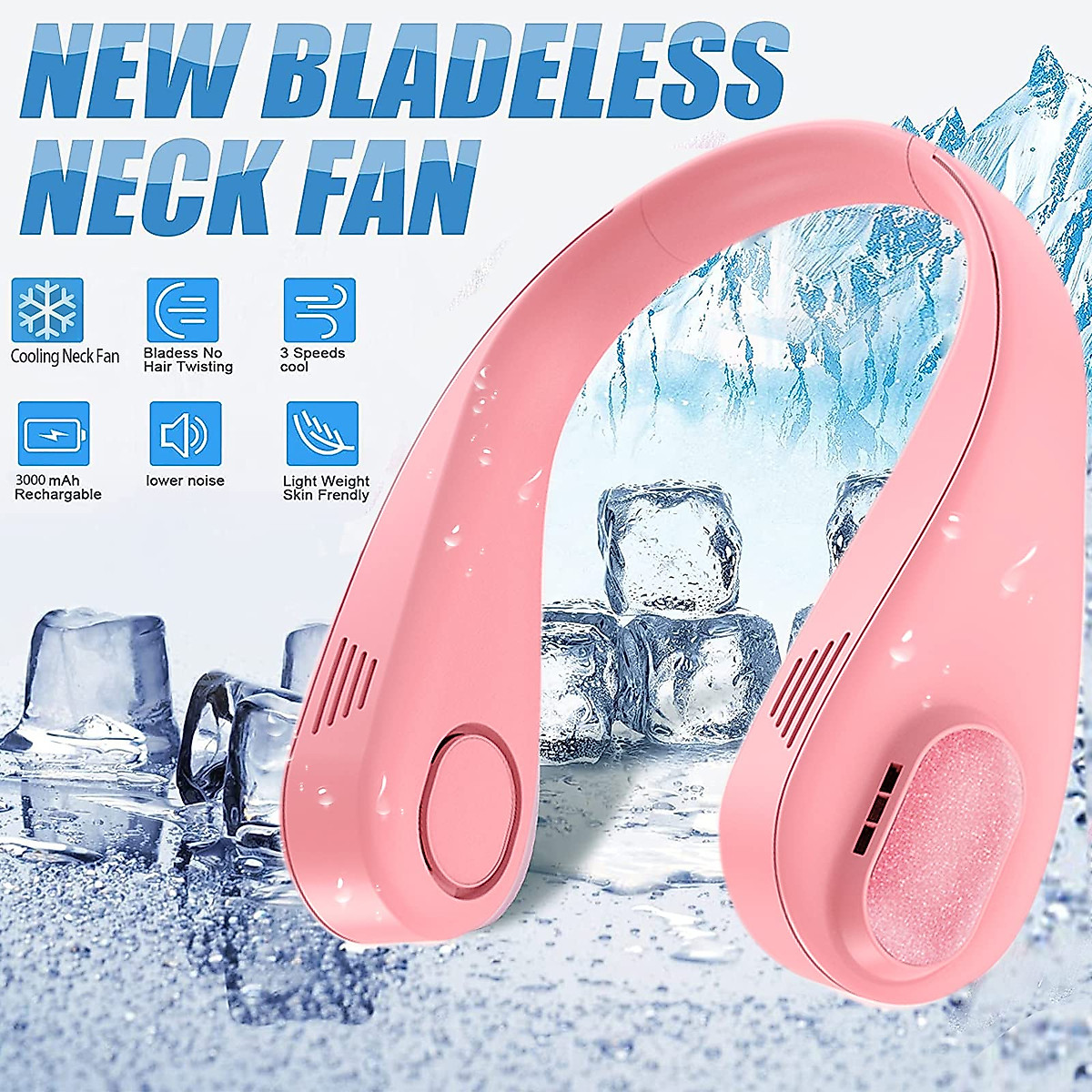 Neck Fan - Portable Bladeless Fan Rechargeable, 360° Hands Free Around the Neck, 3000mAh Personal Fan with 3 Speeds Cooling Fan, Low Noise for Travel Sports Sleeping Cooking Fishing (Pink)