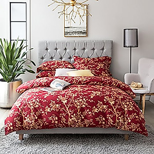 Eastern Floral Chinoiserie Blossom Print Duvet Quilt Cover Navy Blue Tan White Asian Style Botanical Tree Branches Ornamental Drawing 400TC Egyptian Cotton 3pc Bedding Set (King, Garnet)