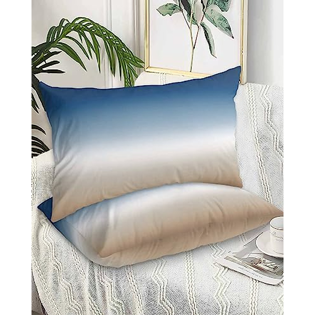 Edwiinsa Navy Blue Beige Ombre Cream Pillow Covers Standard Size Set of 2 20x26 Bed Pillow, Modern Abstract Art Aesthetics Plush Soft Comfort for Hair/Skin Cooling Pillowcases with Envelop Closure