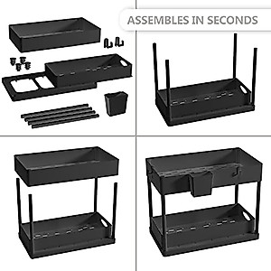 Under Sink Organizers and Storage | Bathroom Cabinet Organizer, Sink Shelf with Utility Hooks and Side Caddy for Under Cabinet Storage | Black (2-Pack) Under Kitchen Sink Organizer with Sliding Drawer