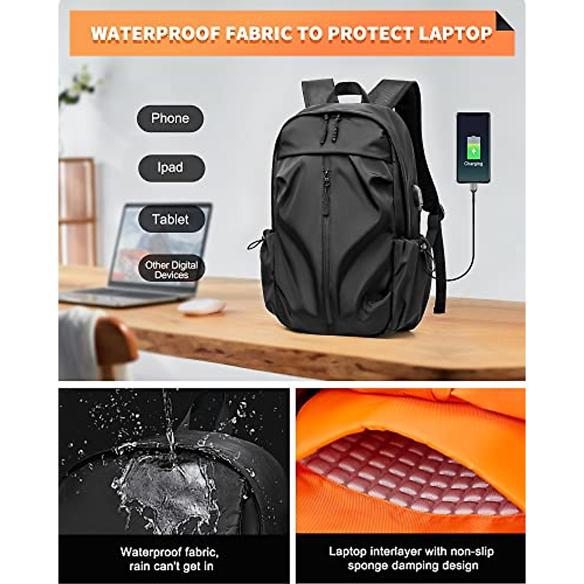 VGCUB Black Travel Laptop Backpack Airline Approved, Business Laptops Carry on Backpack with USB Charging Port,Waterproof College Bag Gifts for Men Women Fits 14 Inch Notebook,Small