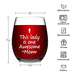 SHENDONG This Lady Is One Awesome Mom Wine Glass Birthday Mothers Day Gifts for Mom Mother from Daughter Kids Son Mom Gifts 15 Ounce Thicken with Gift Box White