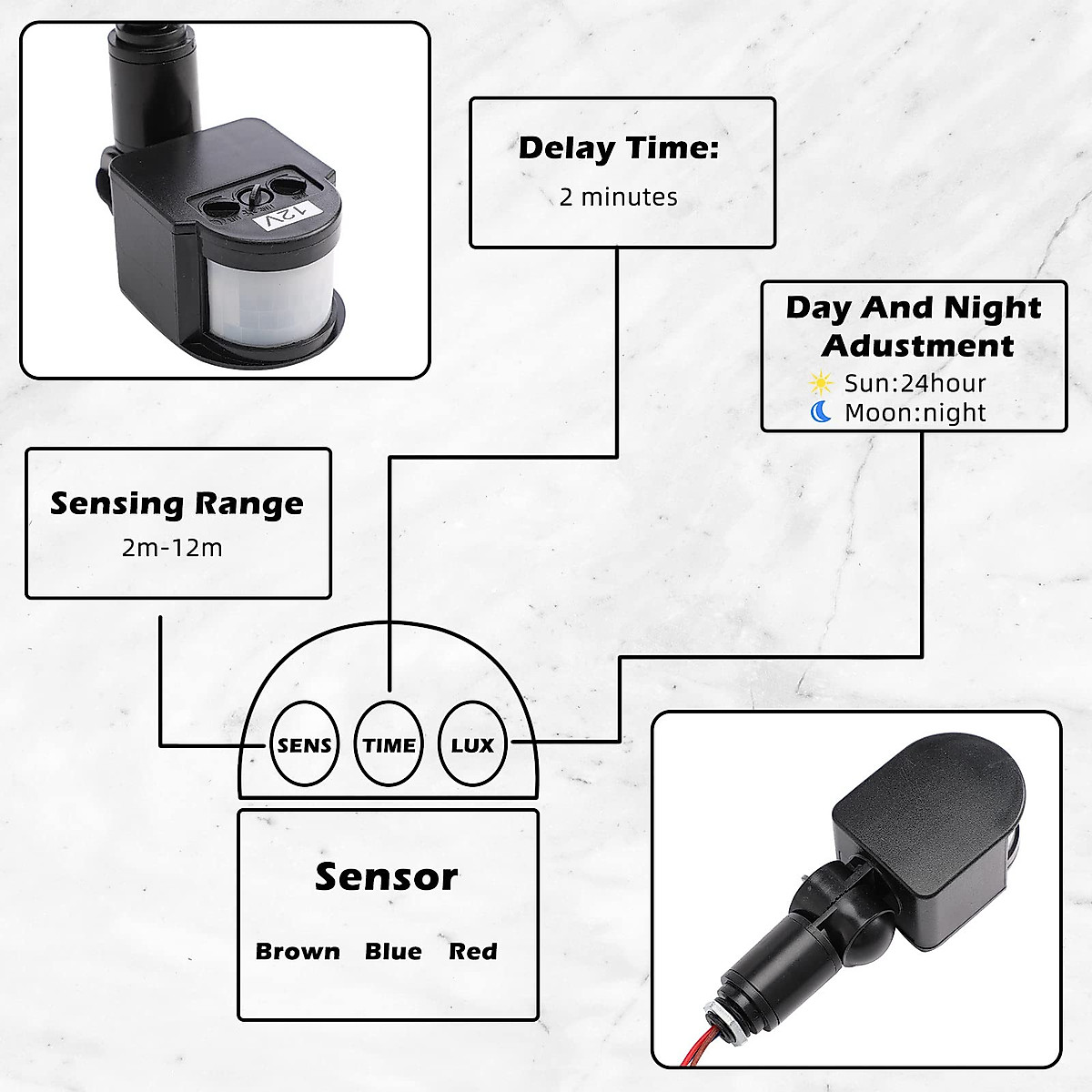 12v Motion Sensor Black Pir Sensor Automatic Infrared Sensor Motion Detectors Light Switch Pir for Wall Indoor Security Activated LED Flood Light(3 Pieces)