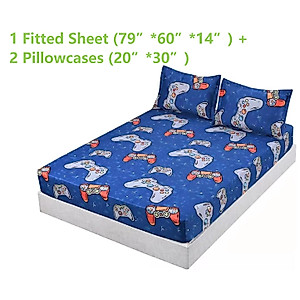 SDIII 3PCS Blue Gamer Queen Fitted Sheet Set, Bed in a Bag Gaming Fitted Sheet Queen, Soft Microfiber, Queen Sheet Set Deep Pocket for Kids Boys and Girls, 1 Fitted Sheet and 2 Pillowcases