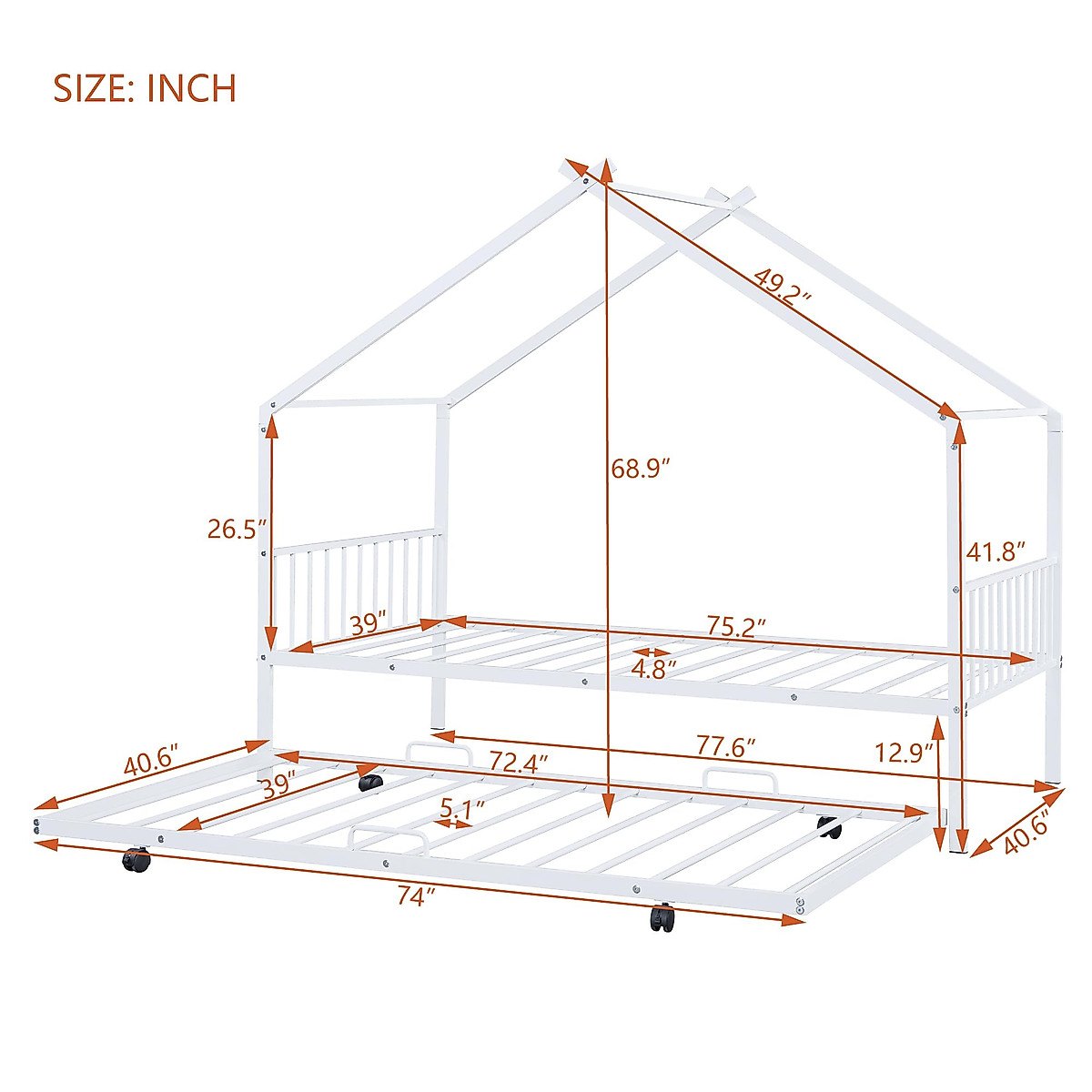 Guxeei Twin Size Metal House Bed, Modern Design Bed Frame with Trundle for Bedroom, Wood Slat Support, No Box Spring Needed, Easy Assembly (White)