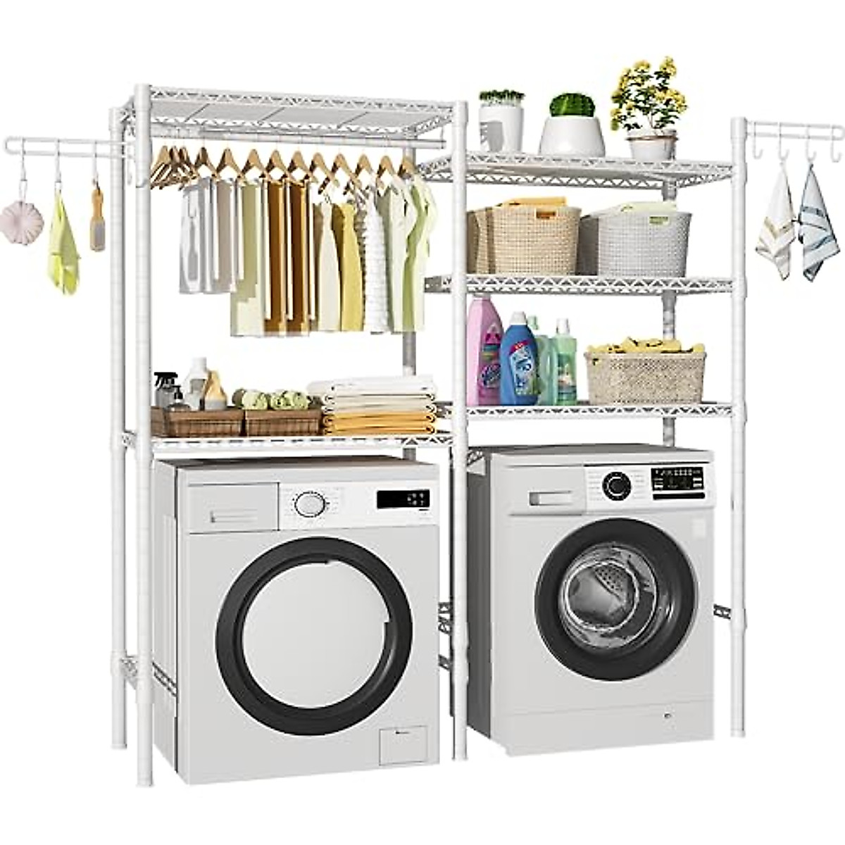 Ulif U6 Clothes Drying Rack, 5 Tiers Freestanding Over Washer and Dryer Laundry Room Storage and Organizer, Heavy-Duty Space Saver Shelf for Hanging Clothes and Towels, 65.3”W x 13.4”D x 77.5”H, White