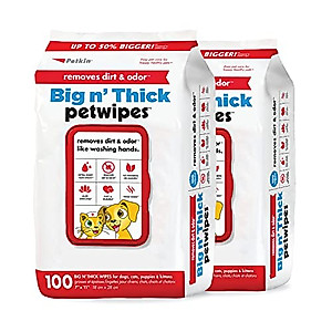 Petkin Pet Wipes for Dogs and Cats, 200 Large Wipes - Removes Dirt & Odor Like Washing Hands - Cleans Ears, Face, Butt, Eye Area - Convenient, Ideal for Home or Travel - 2 Packs of 100 Wipes