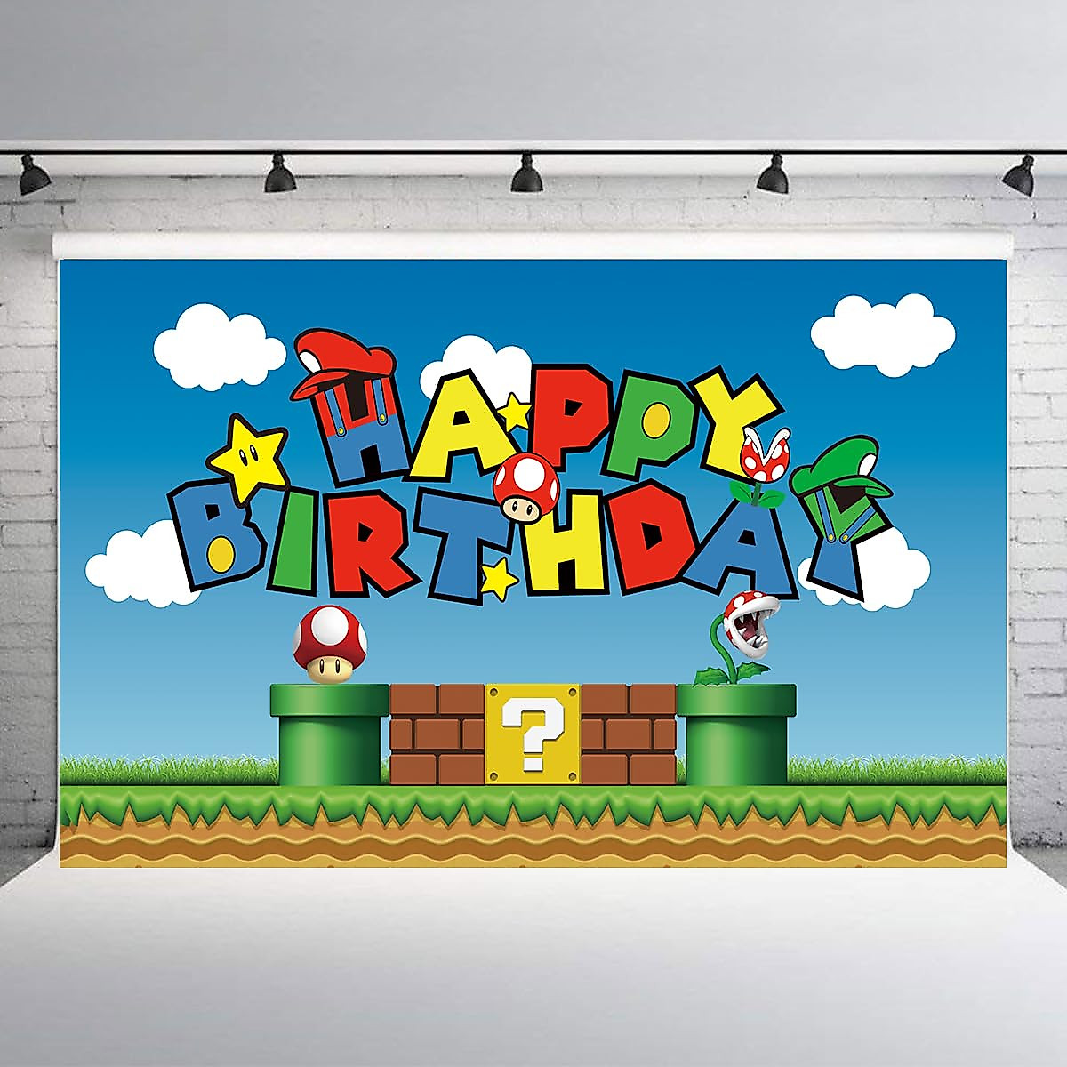Mario Happy Birthday Party Backdrop, Baby Shower Cake Table Decoration Supplies, Mario Themed Banner (5X3FT)