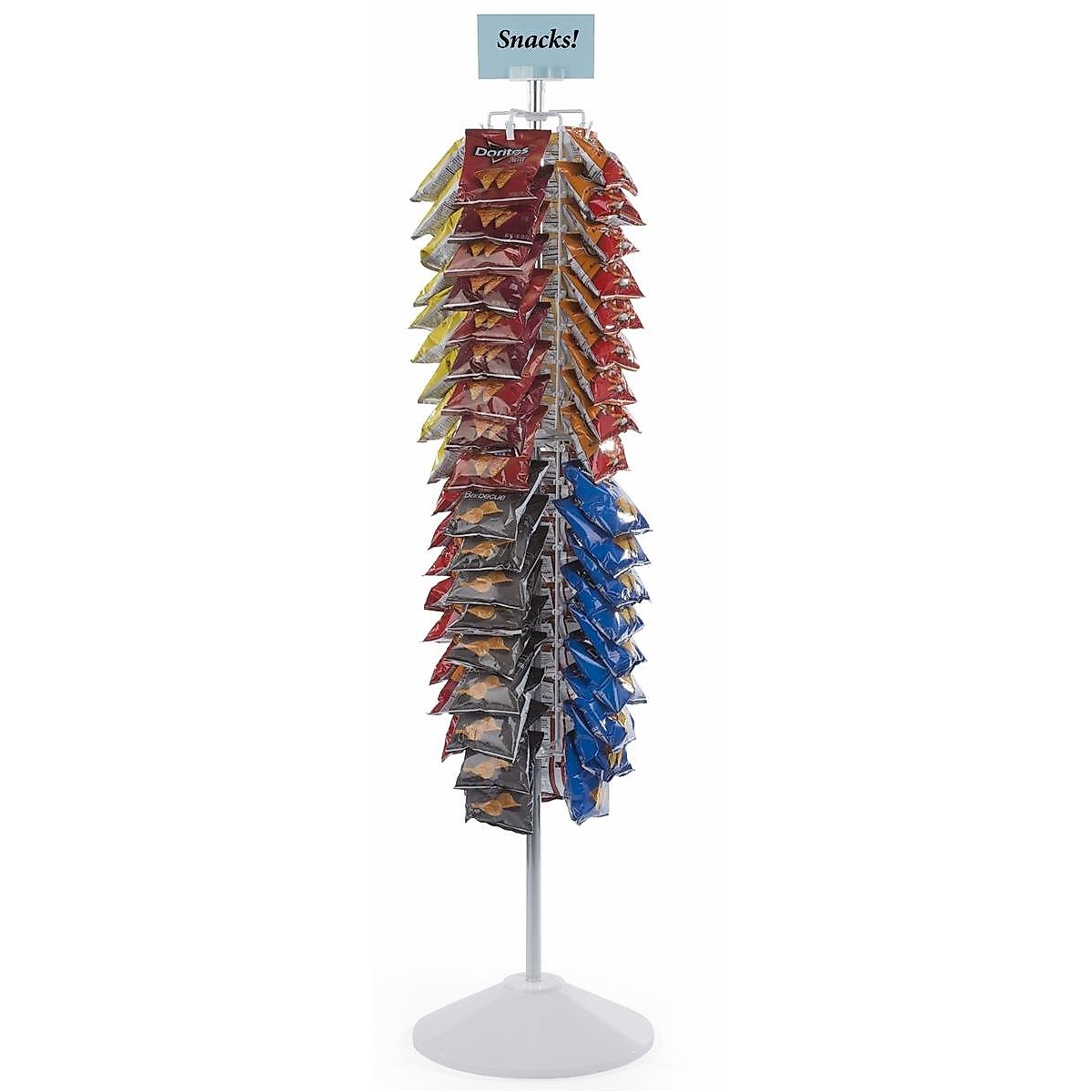 Displays2go Chip Display Stand, 72 Clip Spinner Design, Top Carousel Plastic Header - White (CCFR72WH)