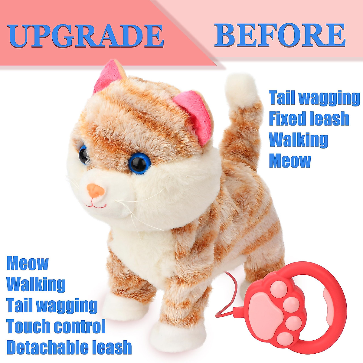 Cuteoy Walking Yellow Kitty Stuffed Animal Electric Interactive Musical Cat Plush Toy Meowing Wagging Tail with Remote Control Leash Nodding Pet Plushies Christmas Birthday Gifts for Kids Toddlers