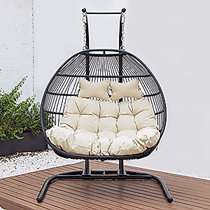 LeisureMod Wicker 2 Person Double Folding Hanging Egg Swing Chair (Beige)