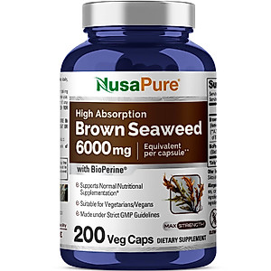 NusaPure Brown Seaweed Extract 6,000 mg - 200 Veggie Capsules - Fucoxanthin (Vegan, Bioperine, Non-GMO, Vegan)