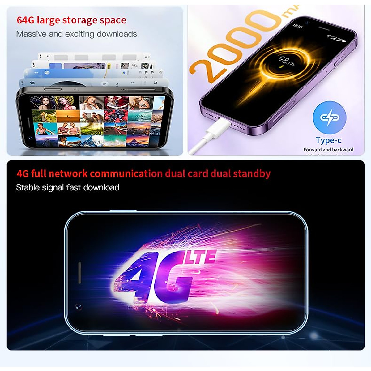 Mini Smartphone Android 10.0 SOYES XS16 4G Stundent Cellphone 5MP 2000mAh 3inch WiFi Bluetooth Handheld Sized Backup Small Mobile Phone Gift for Kid (2GB RAM 16GB ROM, Purple)