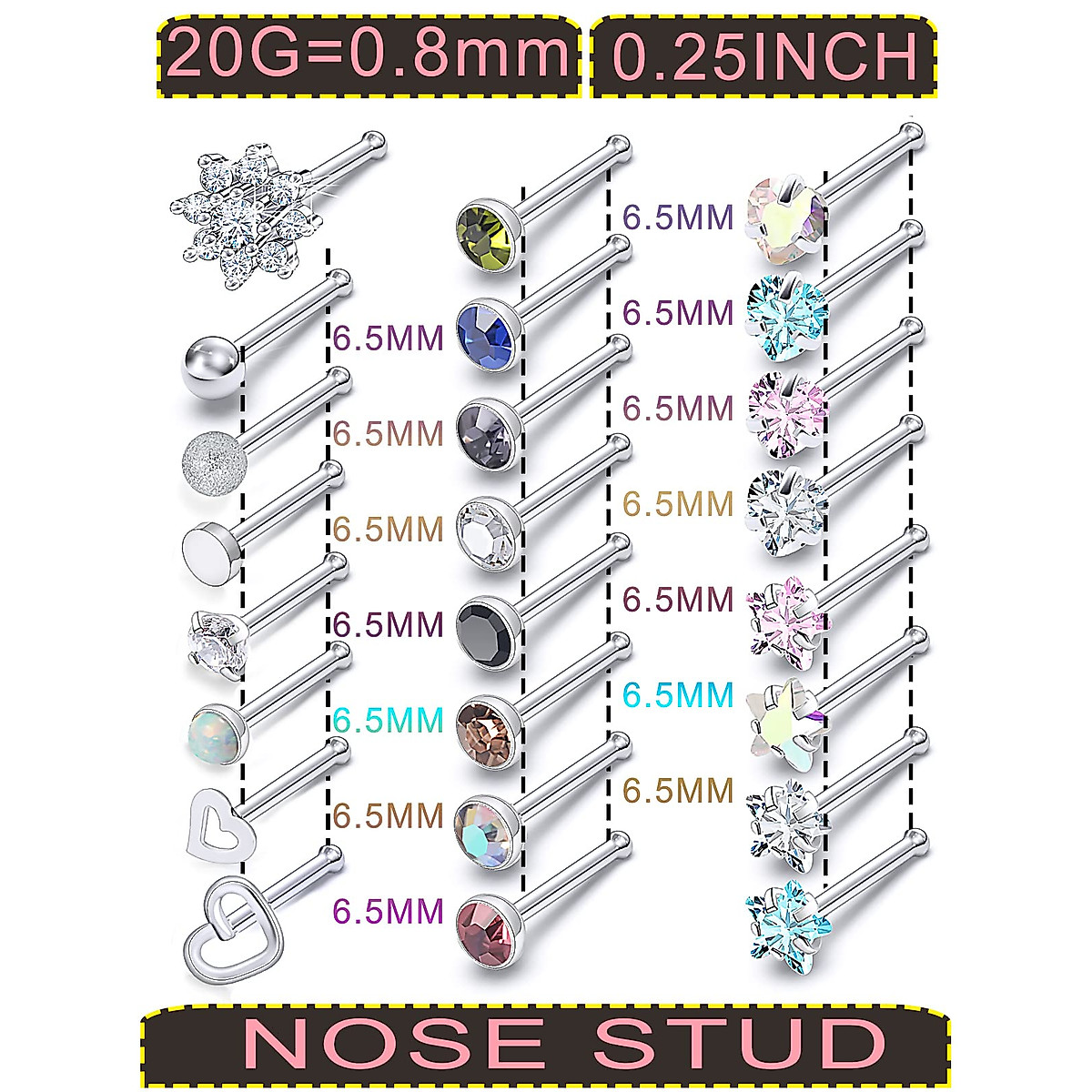 Prjndjw 44pcs 18G 20G Nose Rings Studs Nose Rings for Women Nose Piercings Jewelry Surgical Stainless Steel Straight Nose Studs Moon Star Heart Butterfly Hypoallergenic for Men