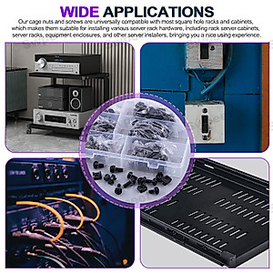 Swpeet 80Packs 4 Sizes M5 M6 Black Computer Mount Cage Nuts and Screws with Metal & Plastic Washers Assortment Kit, Square Hole Hardware Cage Nuts & Mounting Screws Washers