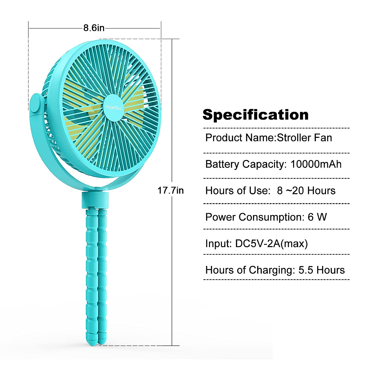 GagetElec 8-Inch Stroller Fan for Baby,10000mAh Personal Portable Fan 4 Speeds Car Seat Baby Fan with Flexible Tripod Fix on Stroller,Car Seat,Golf Cart