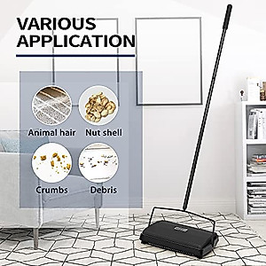 JEHONN Carpet Floor Sweeper Manual with Horsehair, Non Electric Quite Rug Roller Brush Push for Cleaning Pet Hair