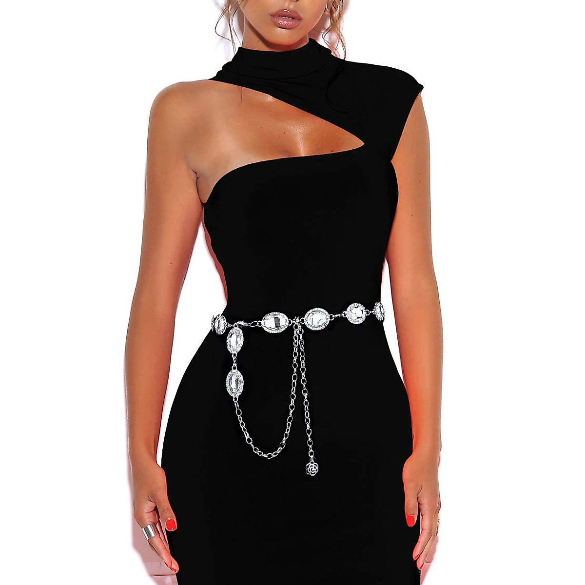 YooAi Chain Belt for Women Metal Waist Round Crystal Body Chain for Dress Silver 105cm