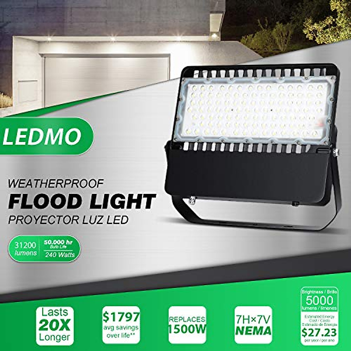 LEDMO Professional Grade LED Stadium Lights - High-Intensity Commercial Area Field Lighting for Outdoor Sports Venues, Energy-Efficient and Long-Lasting, 240W 31200LM Dusk to Dawn Photocell 5000K