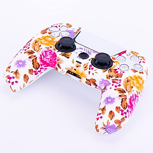 YoRHa Water Transfer Printing Silicone Thickened Cover Skin Case for PS5 Controller x 1(Flowers) with Thumb Grips x 10