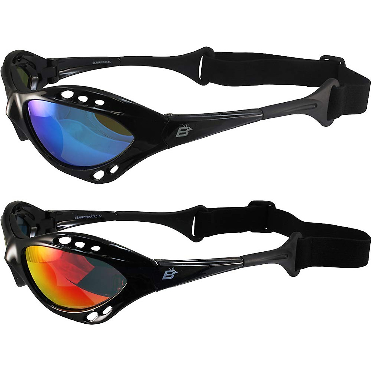 Birdz Eyewear Seahawk Polarized Padded Sunglasses Jetski Kayaking Watersports Black Frames 2 Pairs with Blue & Red Reflectech Lenses