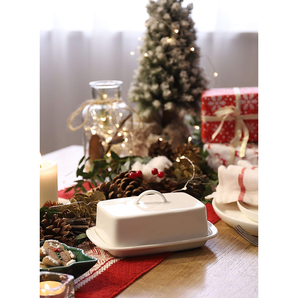 Sweese Large Butter Dish with Lid for Countertop, Porcelain 8oz Butter Keeper with Handle Cover Design, 7.7 Inch Butter Container Perfect for East/West Coast Butter, White